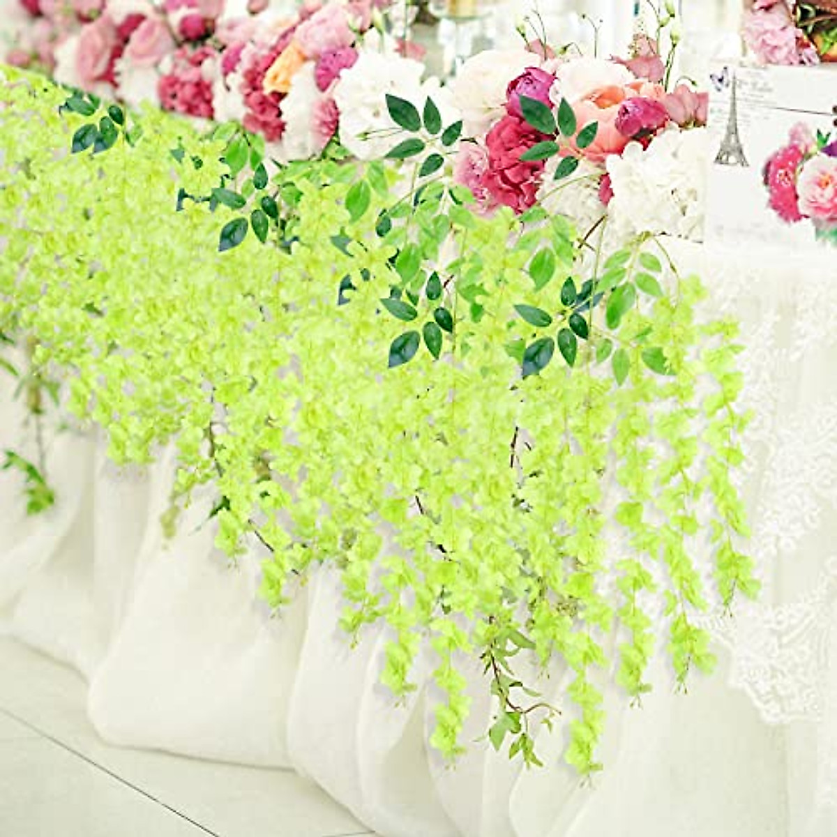 LUZOGA 14 Pack 3.6 Feet/Piece Artificial Wisteria Flower Fake Silk Flowers String Vine Ratta Hanging Garland for Home Garden Party Wedding Backdrop Arch Decor (Green)