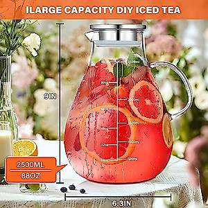 Glass Pitcher with Lid, 88 oz/2500ml Glass Water Pitcher with Precise Scale Line, Hot/Cold Water Jug, Iced Tea, Juice, Milk, Coffee, Lemonade Beverage Carafe with Lid