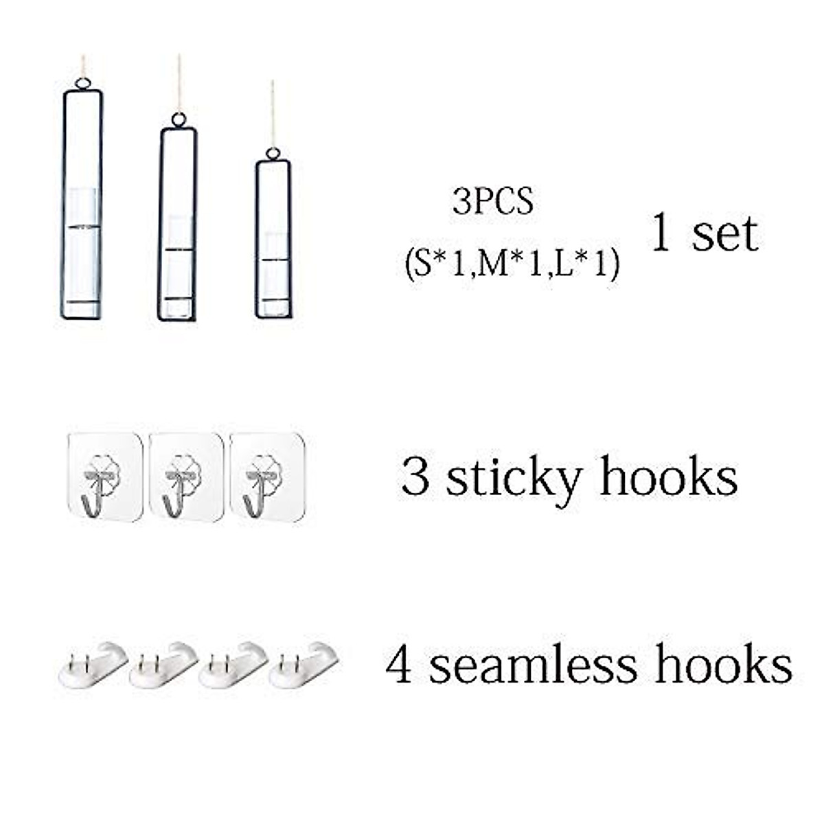 Hanging Glass Planter Water Iron Art Hydroponic Vase Transparent Test Tube Flower Hanging Bottle Home Decoration (3pcs-S,M,L)