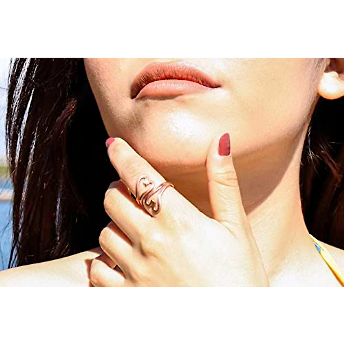 A Jeweler A JEWELER Adjustable Ring Copper Jewelry for Women – Handmade Double Heart Boho Ring with a Beautiful Brigth Copper Finnish