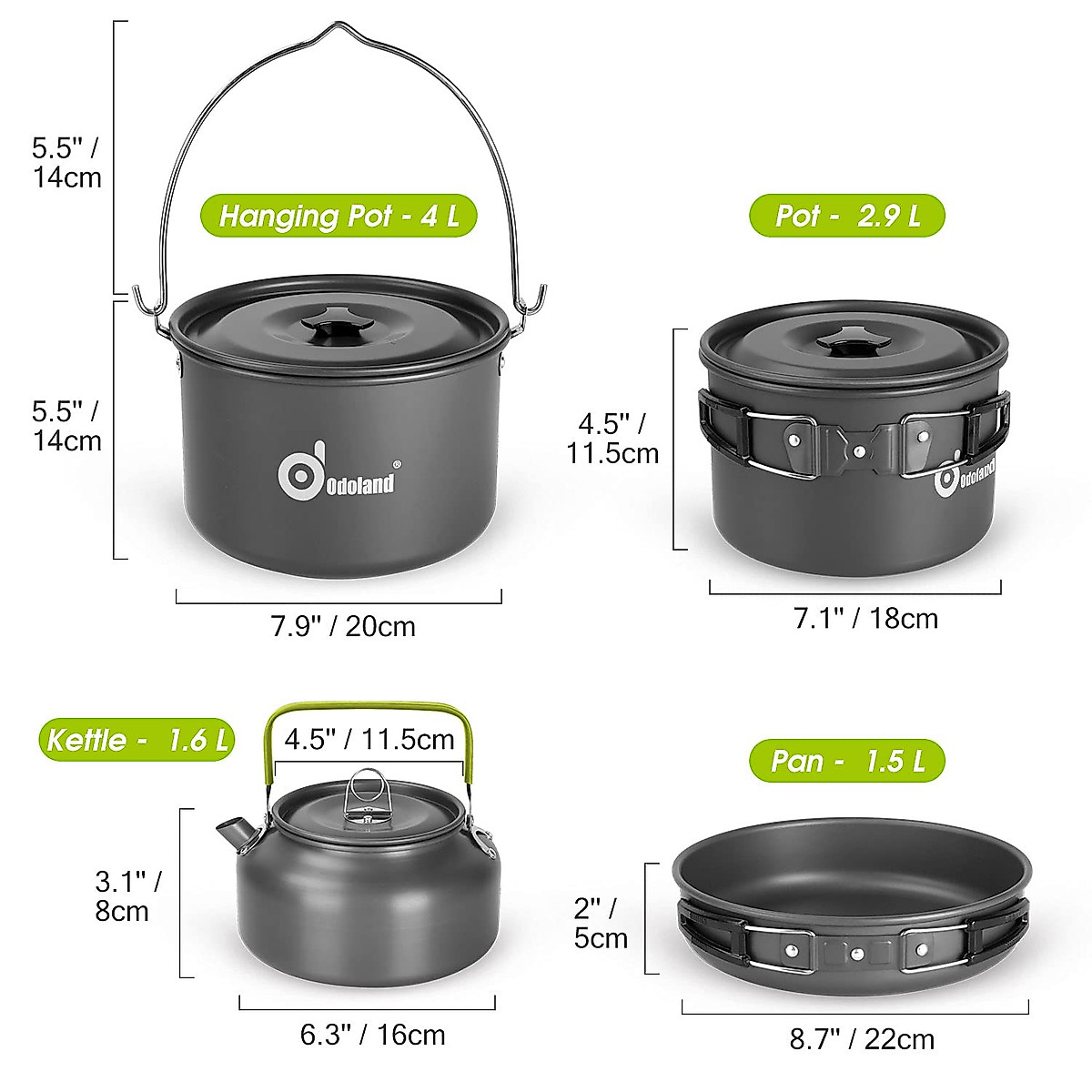 Odoland 39pcs Camping Cookware Mess Kit, Non-Stick Large Size Hanging Pot Pan Kettle with Base Dinner Cutlery Sets for 6 and More, Cups Dishes Forks Spoons Kit for Outdoor Camping Hiking Picnic