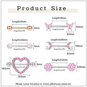 Kakonia 6 Pairs 14G Nipple Rings for Women 316L Stainless Steel Heart Butterfly Moon CZ Flower Barbell Nipple Rings Set Cute Nipplerings Piercing Jewelry