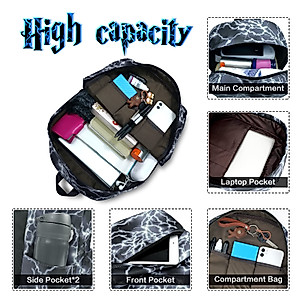 NOVWED Black School Backpack for Boys Durable Waterproof Backpack with Laptop Compartment Aesthetic Backpack Lightning