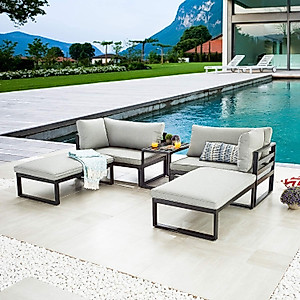 LOKATSE HOME Patio Furniture Conversation Metal Sofa Sunroom Indoor Chaise Lounge Cushioned Chairs with Ottoman Table, 5 Piece Set, Grey