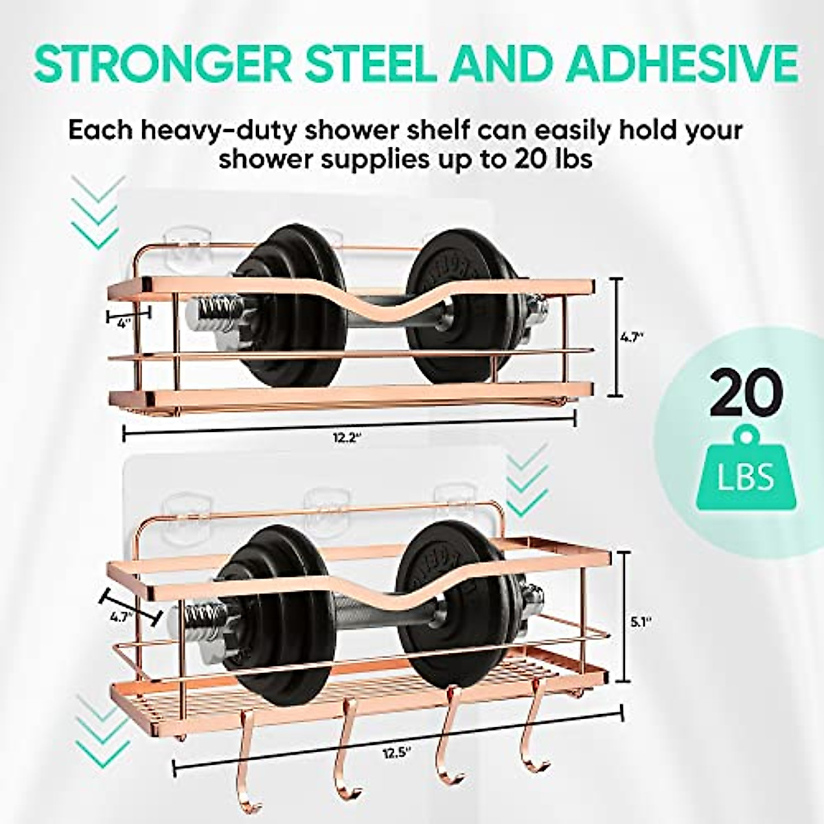 BABYLION1 Rose Gold Bathroom Organizer Shelf – 2 Pack Shower Caddy Baskets with 4 movable Hooks – Rustproof Stainless Steel Strong Adhesive Cute Storage Decor Rack for Inside Shower, Kitchen