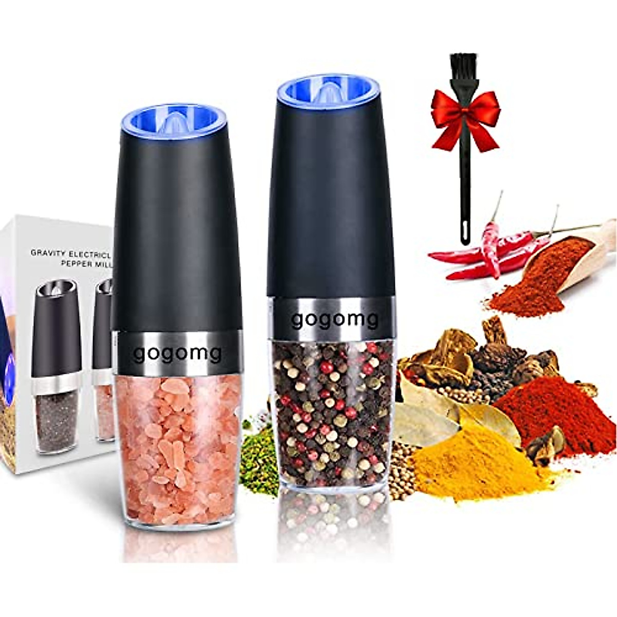 Electric Salt and Pepper Grinder Set, Gravity Sensor, Automatic Pepper Mill, One Hand Operation, Battery-Operated with Adjustable Coarseness, Blue Led Light (Black 2 Pack)