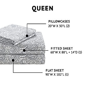 Comfort Spaces 100% Cotton Sheet Set Breathable, Lightweight, Soft with 14" Elastic Pocket Fits up to 16" Mattress, All Season Cozy Bedding, Matching Pillow Case, Queen Paisley Multi 4 Piece