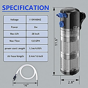 Yochaqute Aquarium Fish Tank Filter: 8w Internal Filter Pump for 40-120 Gallon Salt Water | Fresh Water | Coral Tank | Turtle Tank with 2 Stages Filtration & Strong Suction Cups