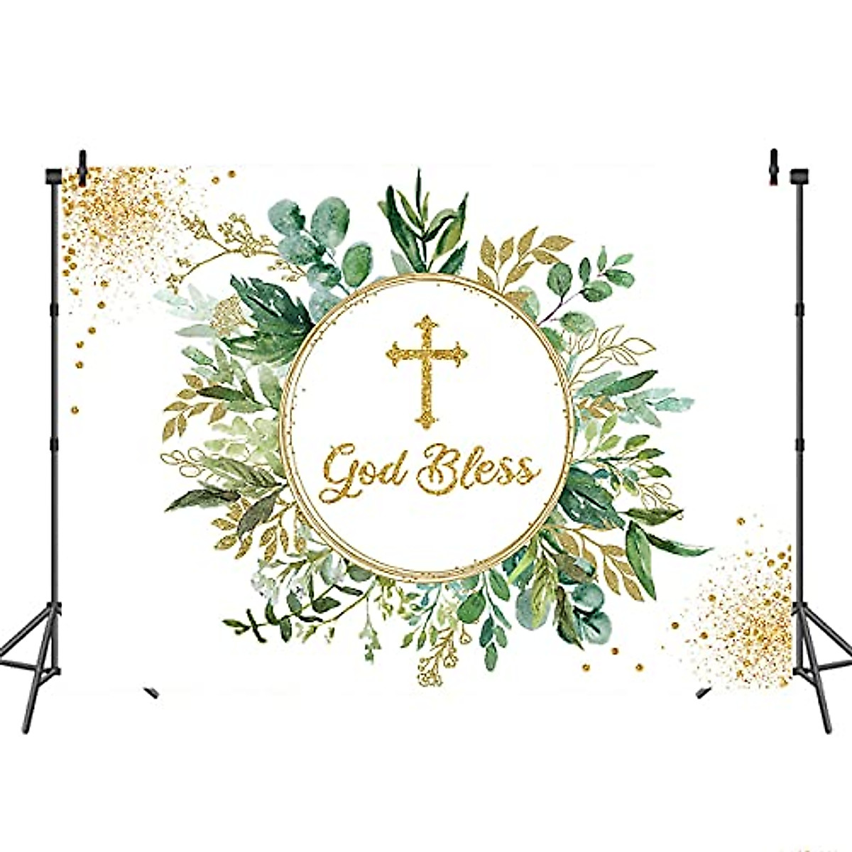 Mocsicka God Bless Backdrop First Communion Baptism Christening Party Decorations Vinyl Green Leaves Newborn Baby Shower Photography Background Photo Booth (7x5ft)
