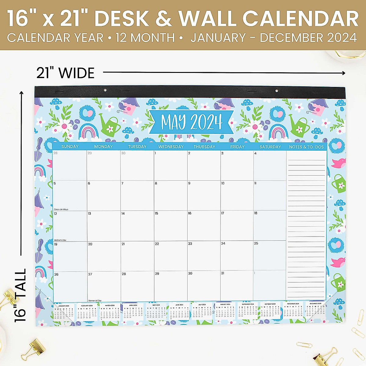 bloom daily planners 2024 Desk Calendar - 21" x 16" Large Monthly Organizer Pad with Stickers (January 2024 - December 2024) Desktop Blotter - Holiday Icons
