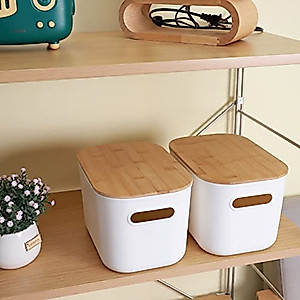 Citylife 2 PCS Storage Bins with Bamboo Lids Plastic Storage Containers for Organizing Stackable Storage Box with Handle, 10.12 x 6.97 x 6.22 inch