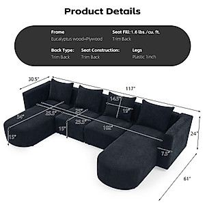 DEINPPA U Shape Modular Sectional Sofa, Minimalist Style Modular Couch, 4 Seat Cushion Couch with 4 Pillows for Living Room/Apartment, Bouclé Fabric, Black