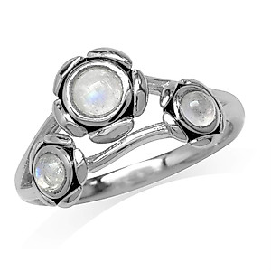 Silvershake 3 Stone Natural Moonstone 925 Sterling Silver Flower Ring Size 6
