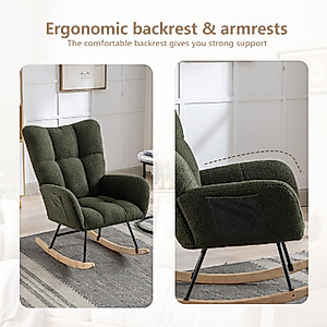 Rocking Chair Nursery, Teddy Upholstered Glider Rocker, Modern Accent Chair with High Backrest Padded Seat Pocket, Cozy Armchair Side Chair for Living Room, Bedroom, Office, Balcony, Dark Green