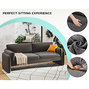 papababe Sofa Couch, Modern Couches with Embedded Armrest, 3-Seater Couch for Living Room, Grey Bouclé Cozy Couch