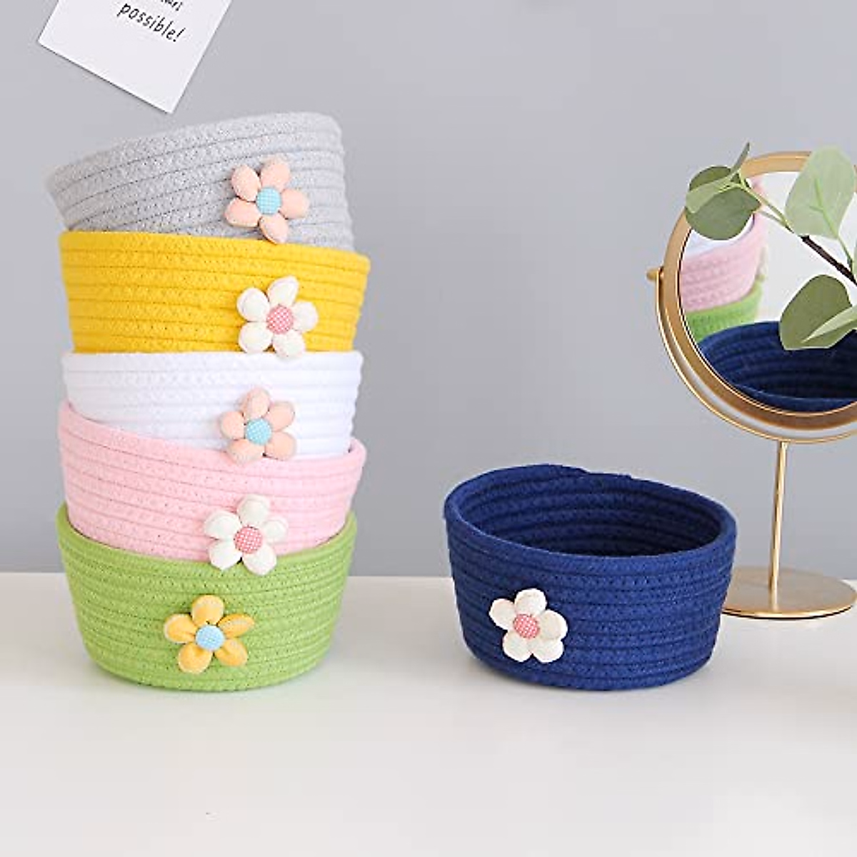 Tutuba Cotton Rope Baskets, Woven Round Cute Storage Baskets Decorative Storage Bins for Desk Dog Cat Toy Kids Baby Girls Gifts