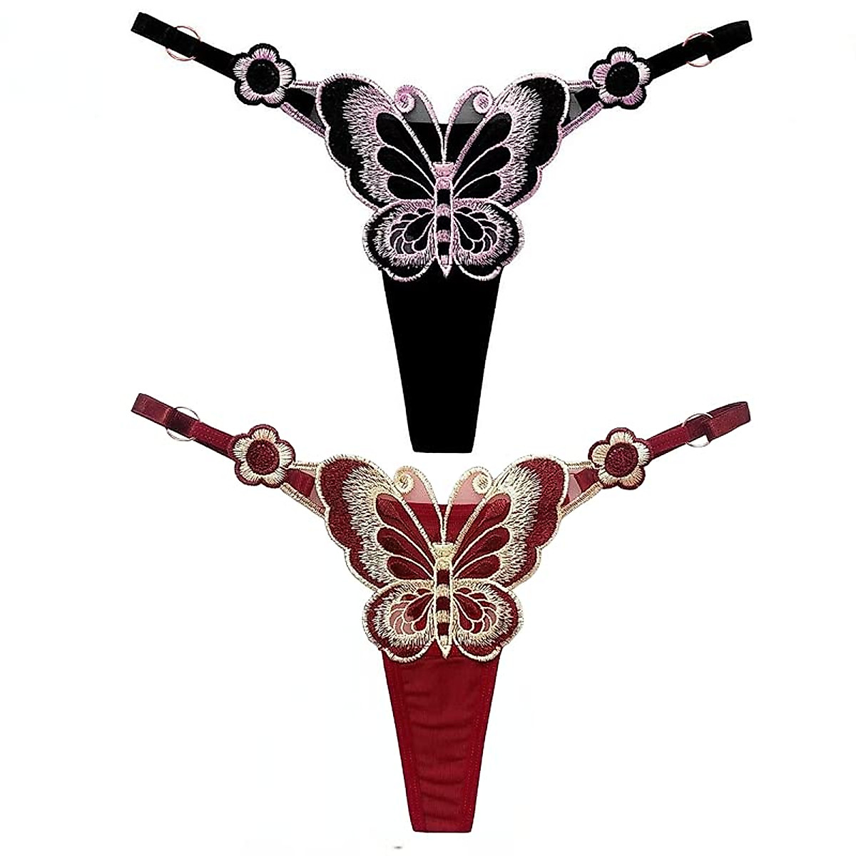 Dobovova Woman Sexy Oversize Butterfly Thong Adjustable See Through Three-dimensional Embroidery Knickers (BLack+Red)