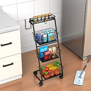 Auledio 4-Tier Fruit Vegetables Basket Bowl Rolling Storage Cart With Banana Hanger Paper Towels Holder , Black