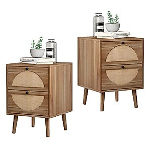 affeivul Rattan Nightstand Set of 2, End Side Table with 2 Rattan Drawers, Boho Accent Bedside Tables, Mid Century Nightstand with 2 Natural Rattan Drawers for Bedroom, Living Room,Sofa (Walnut)