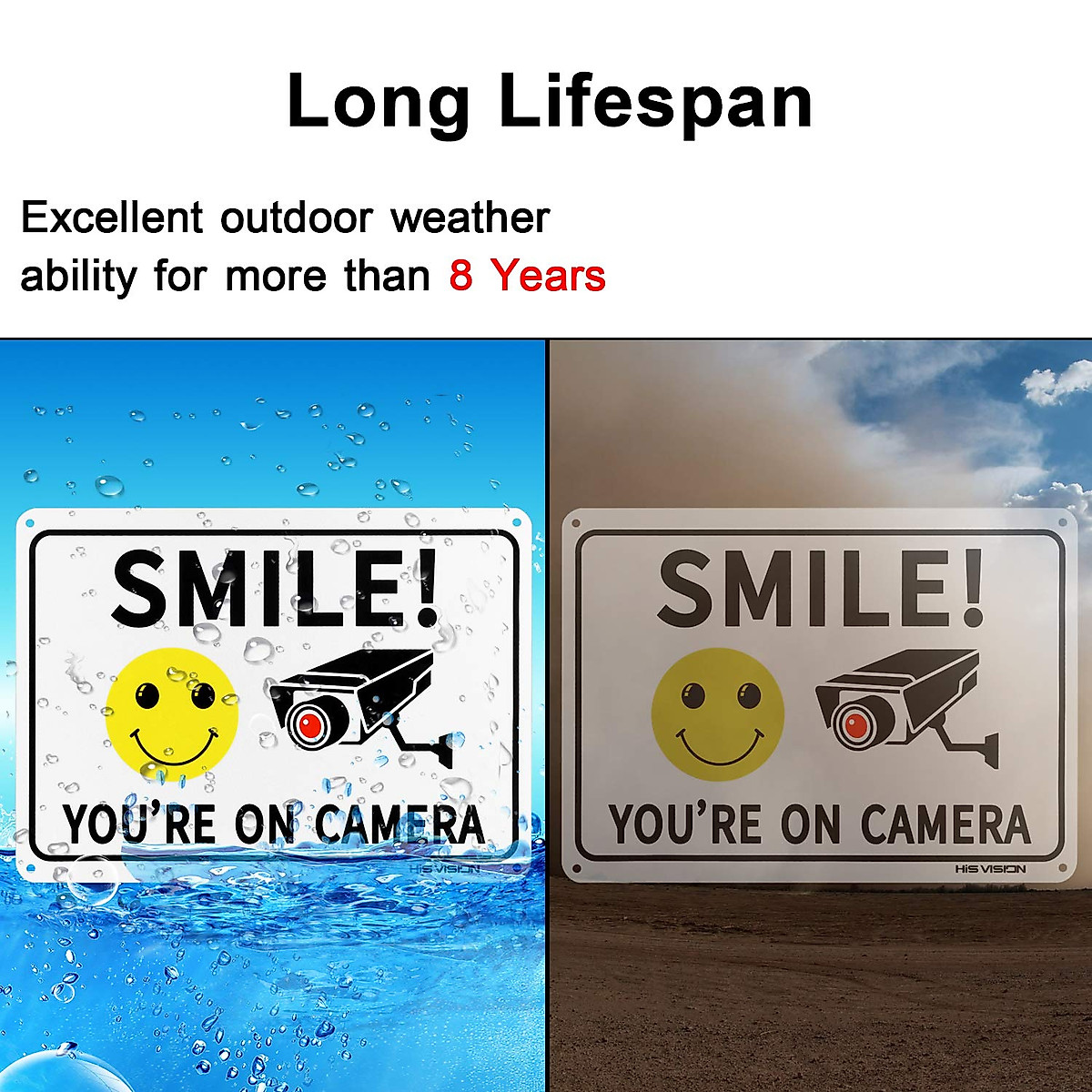 HISVISION 2 Pack Smile You're on Camera, Video Surveillance Sign, 10"x7" Rust Free Aluminum Metal Warning Sign UVresistance, Waterproof, Easy to Install for Home House and Business