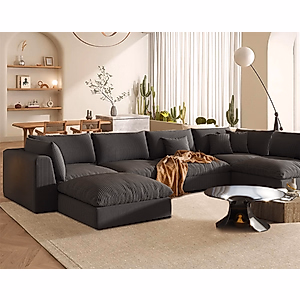 KCHUSAL Cloud Couch Sectional,156'' Oversized Corduroy Sectional Sofa Couch, Cloud Modular Couch with Ottoman, Deep Seat Couches for Modern Living Room/Office (Velvet, 6 Seater+Dark Grey)