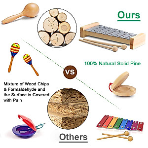 LOOIKOOS Toddler Musical Instruments, Eco Friendly Music Set for Kids Preschool Educational, Natural Wooden Percussion Instruments Musical Toys for Boys and Girls with Storage Bag