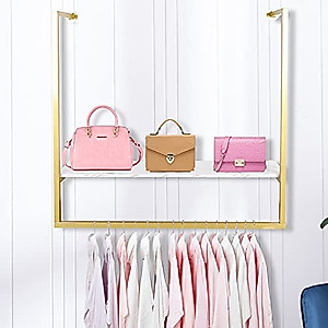 Gold Wall Mounted Clothes Rack Square Wall Pole, U Shape Industrial Pipe Hanging Clothes Rack Retail Garment Display Rack with One Layer Shelving Shelves for Retail Stores, Boutiques, Shops, Homes