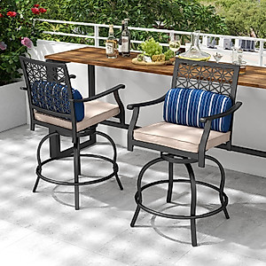 COSTWAY Outdoor Bar Chair Set of 4, 24.5 Inch Swivel Counter Height Bar Stools with Footrest, Seat Cushions & Lumbar Pillows, Metal Dining Bar Chairs for Patio, Backyard, Poolside (4)