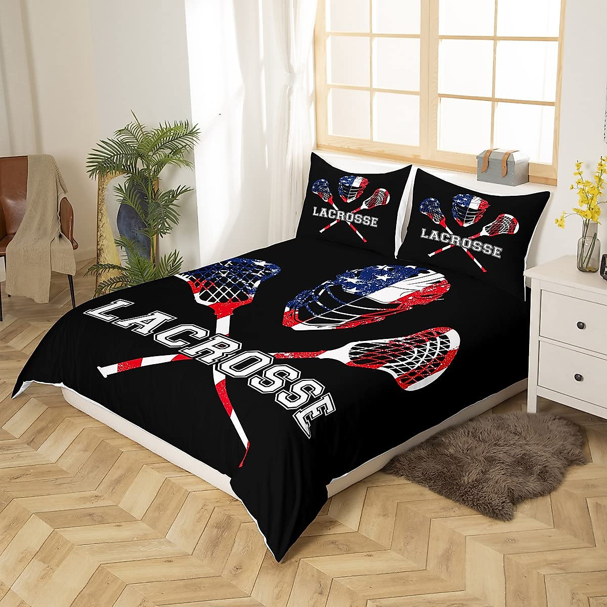 Lacrosse Comforter Cover Queen Size,Sports Ball Games Themed Bedding Set for Modern Room,American Flag Print Duvet Cover Set with 2 Pillowcases, Ultra Soft Bed Spread