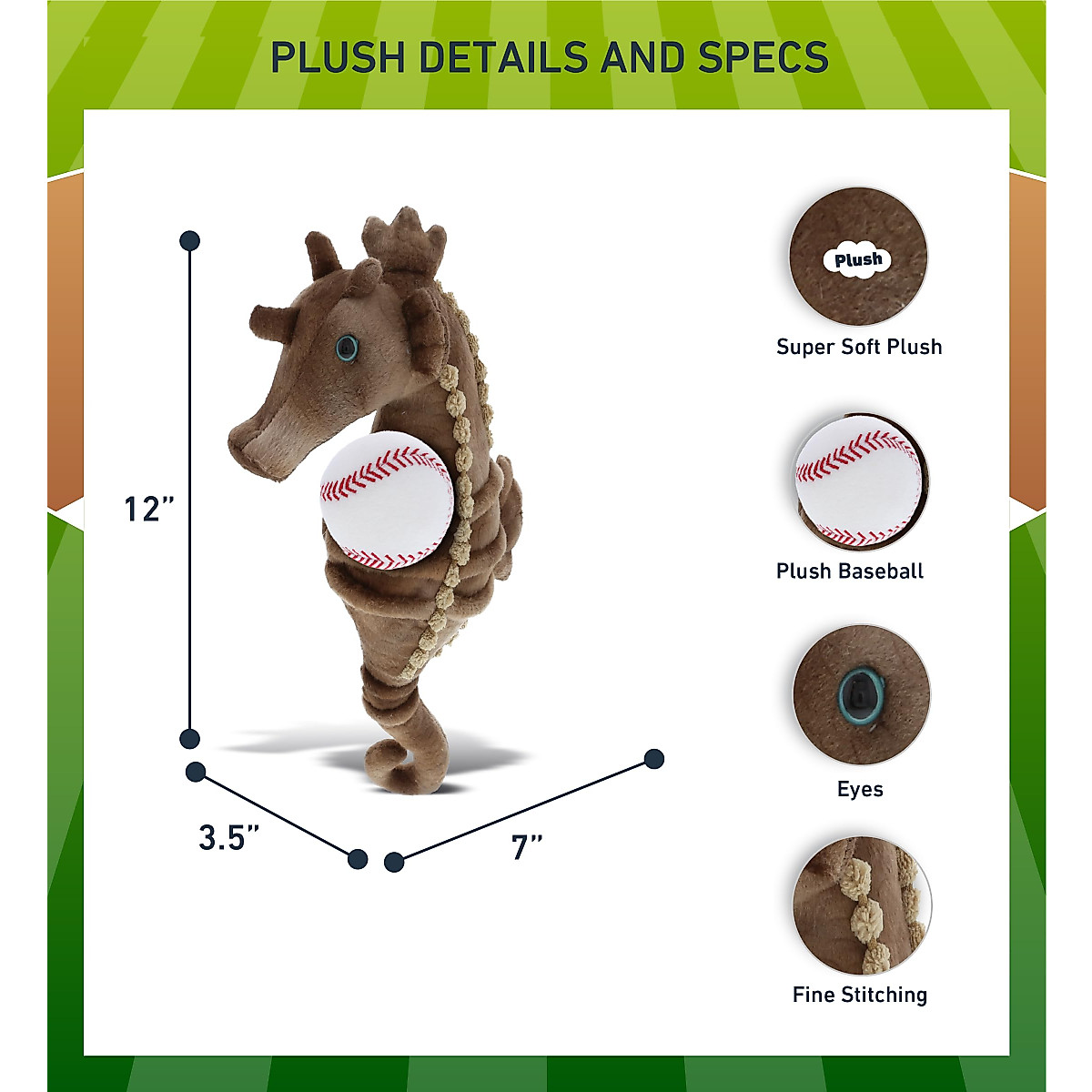 DolliBu Seahorse Stuffed Animal with Baseball Plush - Soft Huggable Seahorse, Adorable Playtime Seahorse Plush Toy, Cute Ocean Life Gift for Kids and Adults - 12 Inches