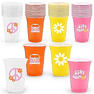 Nefelibata Retro Groovy Party Plastic Cups 48PCS Groovy 60s 70s Party Stadium Cups Bachelorette Bridal Shower Party Favors Decorations Birthday Reusable Party Cups Supplies 15OZ