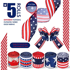 5 Rolls Star Wired Edge Ribbon 2.5 Inch Patriotic Ribbon Stars Stripes Satin Ribbon 4th of July Grosgrain Ribbon Halloween Thanksgiving Christmas Decoration for DIY Crafts Supplies Wreath Garland