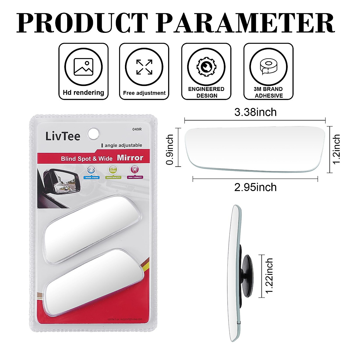 LivTee Blind Spot Mirror, Rectangular Shaped HD Glass Frameless Convex Rear View Mirror with wide angle Adjustable Stick for Cars SUV and Trucks, Pack of 2