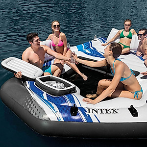 Intex Blue Tropic Inflatable 5 Person Raft or Swimming Pool Island Water Floating Lounger Raft with Backrests, Built in Cooler, and 4 Cupholders