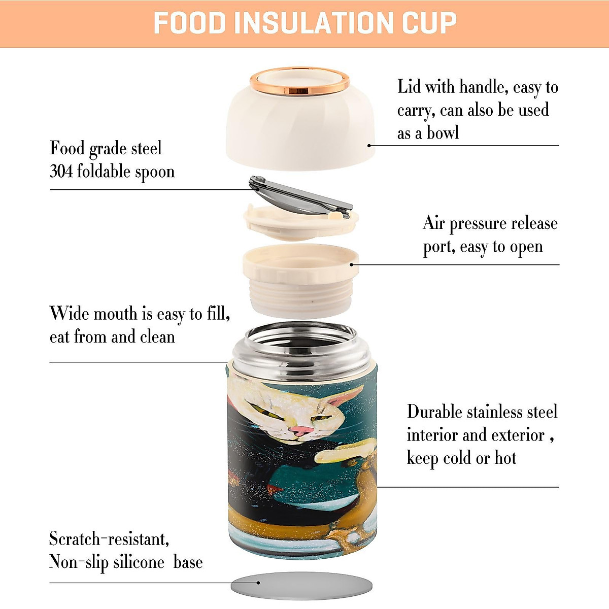 CUPADA Sled Funyy Cat Food Jar, Cute Pets White Insulated Hot Food Jars Vacuum 17OZ with Folding Spoon for Work Trip Picnic Camping