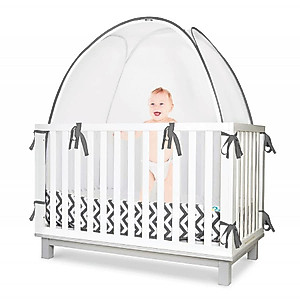 KinderSense® - Baby Safety Crib Tent - Premium Toddler Crib Topper to Keep Baby from Climbing Out - See Through Mesh Crib Net - Mosquito Net - Pop-Up Crib Tent Canopy to Keep Infant in (Grey Chevron)