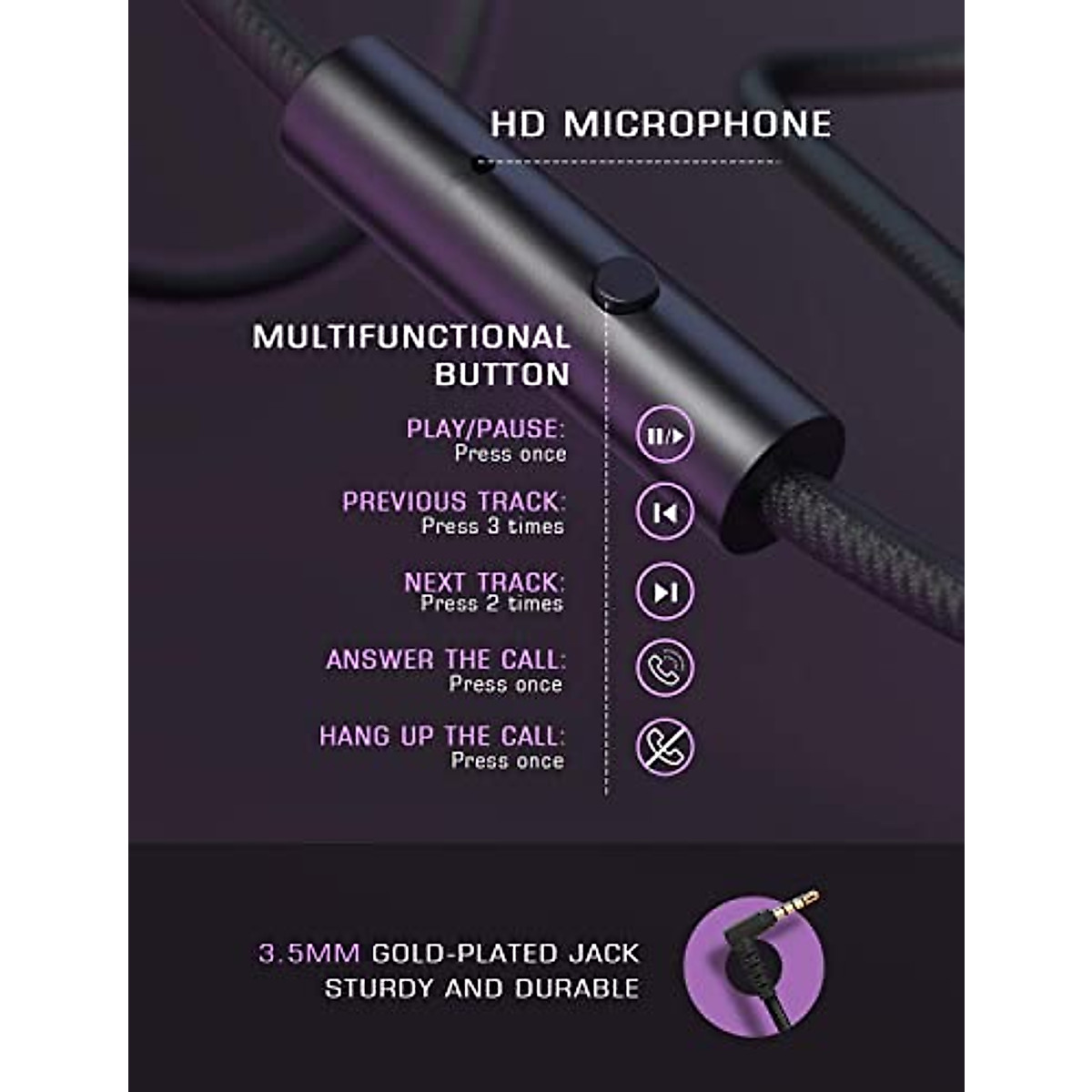 Headphones, On-Ear Wired Headphones with Microphone, Stereo Sound Headphones with 1.5m Tangle-Free Cord for Adults Children Purple