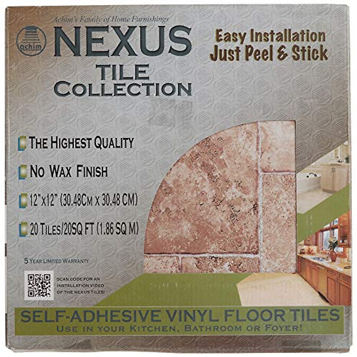 Nexus Self Adhesive 12-Inch Vinyl Floor Tiles, 20 Tiles - 12" x 12", Beige Terracotta Pattern - Peel & Stick, DIY Flooring for Kitchen, Dining Room, Bedrooms & Bathrooms by Achim Home Decor