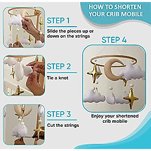 Handmade Baby Mobile for Crib - Modern Boho Baby Mobile - Nursery Mobile for Girl or Boy - White Clouds - Gold Stars - Beige Moon