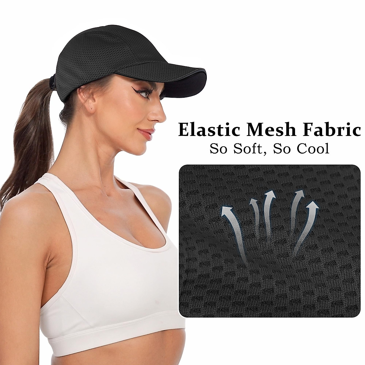 GADIEMKENSD Women's Race Day Running Hat Performance Mesh Baseball Cap - Excellent Ventilation, Lightweight, Reflective Safety Ponytail Hats for Exercise Golf Hiking Beach Workout Gym Black