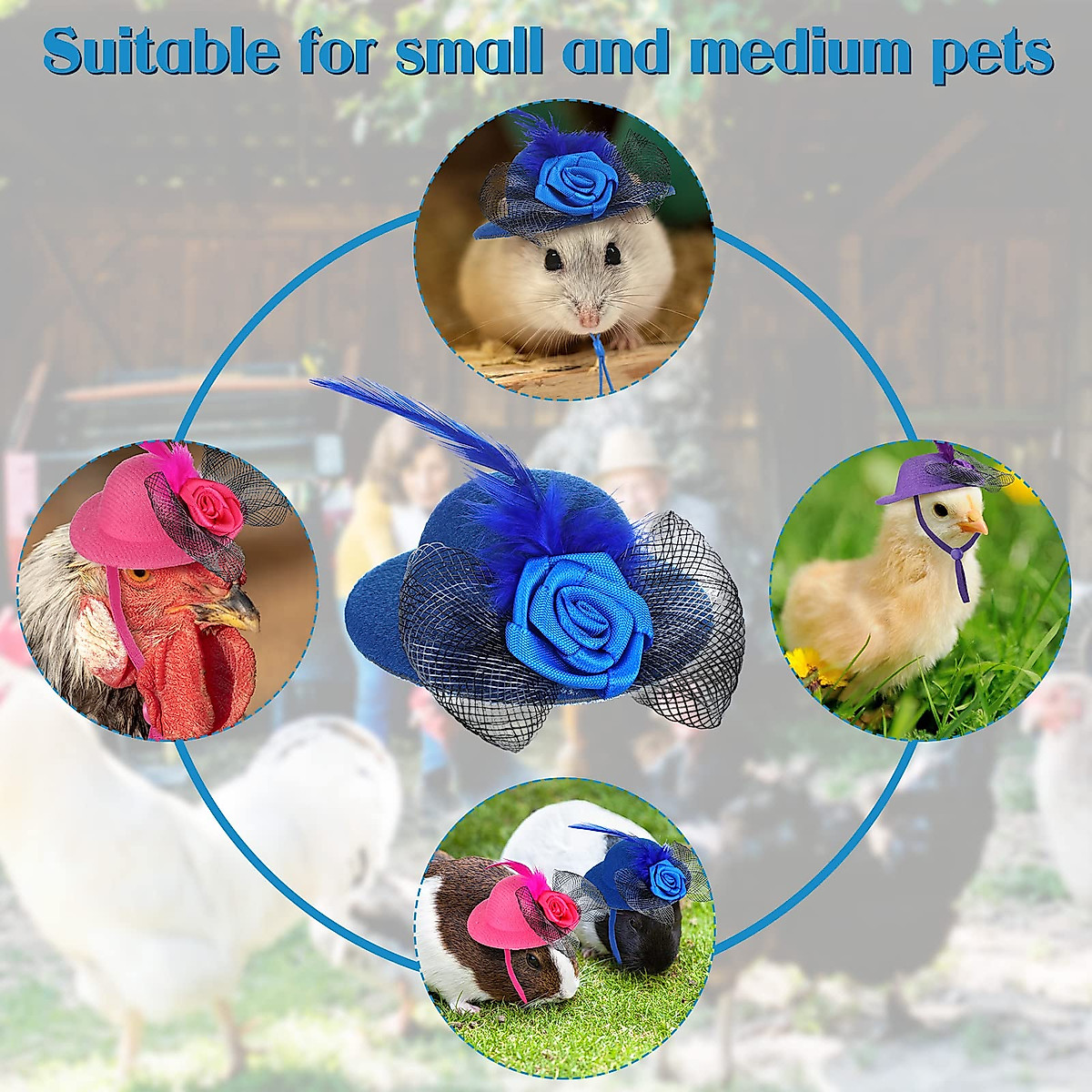 6 Pieces Chicken Hats for Hens Tiny Pets Funny Halloween Accessories Feather Top Hat with Adjustable Elastic Chin Strap Rooster Duck Parrot Poultry Stylish Show Costume (Simple Style)