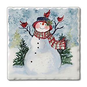 CounterArt Snowman & Cardinals 1 Pack Single Absorbent Stone Coaster Manufactured in The USA 4" Square, Protective Cork Backing, Colorful & Easily Wipes Clean