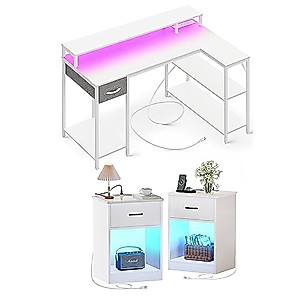 SUPERJARE L Shaped Gaming Desk with LED Lights & Power Outlets, Reversible Computer Desk and Nightstands Set of 2 with Charging Station & LED Light Strips, White