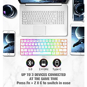 SUPGALIY 60% Mechanical Keyboard Wireless 2.4G/Bluetooth 5.0/Wired Gaming Keyboard 3000mAh 61 Keys RGB Backlit Portable Mini Keyboard for Windows, Mac, Android, iOS (Hot Swappable Blue Switch, White)