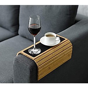 Sofa Arm Tray Table Slinky Secure/Flexible/Foldable Couch Tray Table with Non-Slip Mat for Drinks, Food, Phone or Remote. Sustainable Slinky Bamboo Design (16.5"L x 13.25"W x 0.4"H, Natural Bamboo)