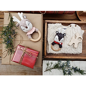 Natural Crochet Teether Toy Rattle for Baby Forest Friends Amigurumi Crochet Bunny Deer Fox on Natural Wooden Teething Ring Rattle (Honey Deer)