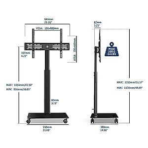 FITUEYES Mobile TV Stand with Wheels for 32-60 65Inch TV Screen, Rolling TV Floor Stand with Mount, TV Cart with Black Tempered Glass Base & Wire Management, Holds 66 lbs