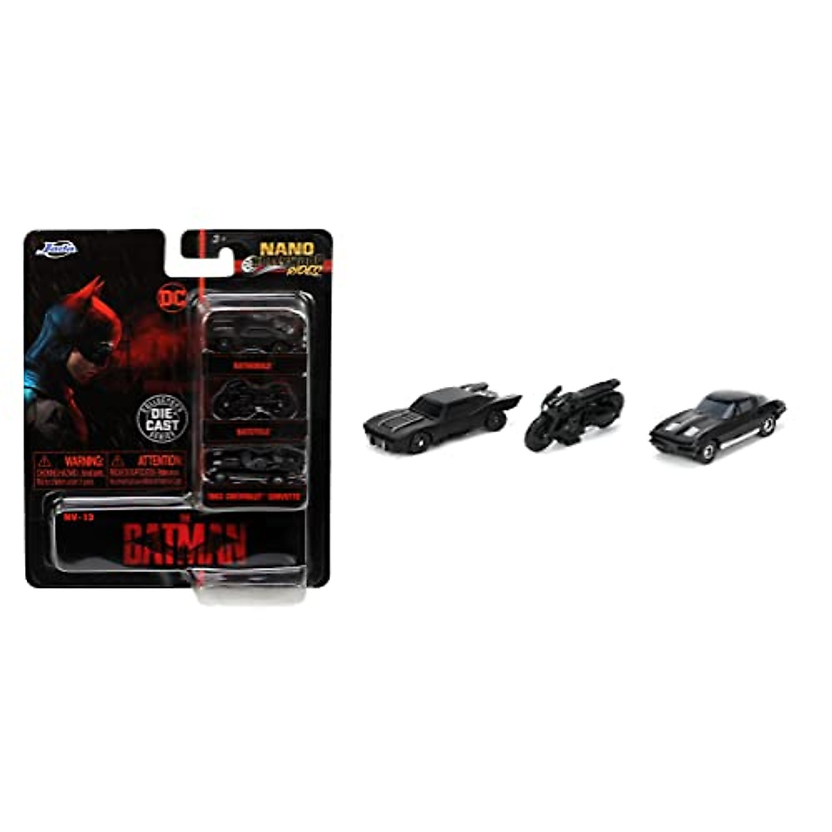 Jada Toys The Batman 1.65" Scale Nano Hollywood Rides: Batmobile, Batcycle, Chevy Corvette Die-Cast Vehicles (32043)