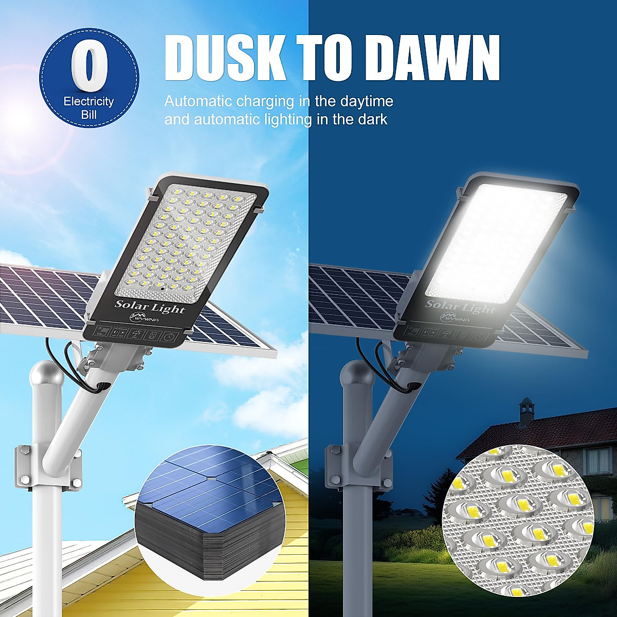 WYWNA 2Pack 6500W Solar Street Lights Outdoor Waterproof + 4 Pack Solar Lights Outdoor Waterproof
