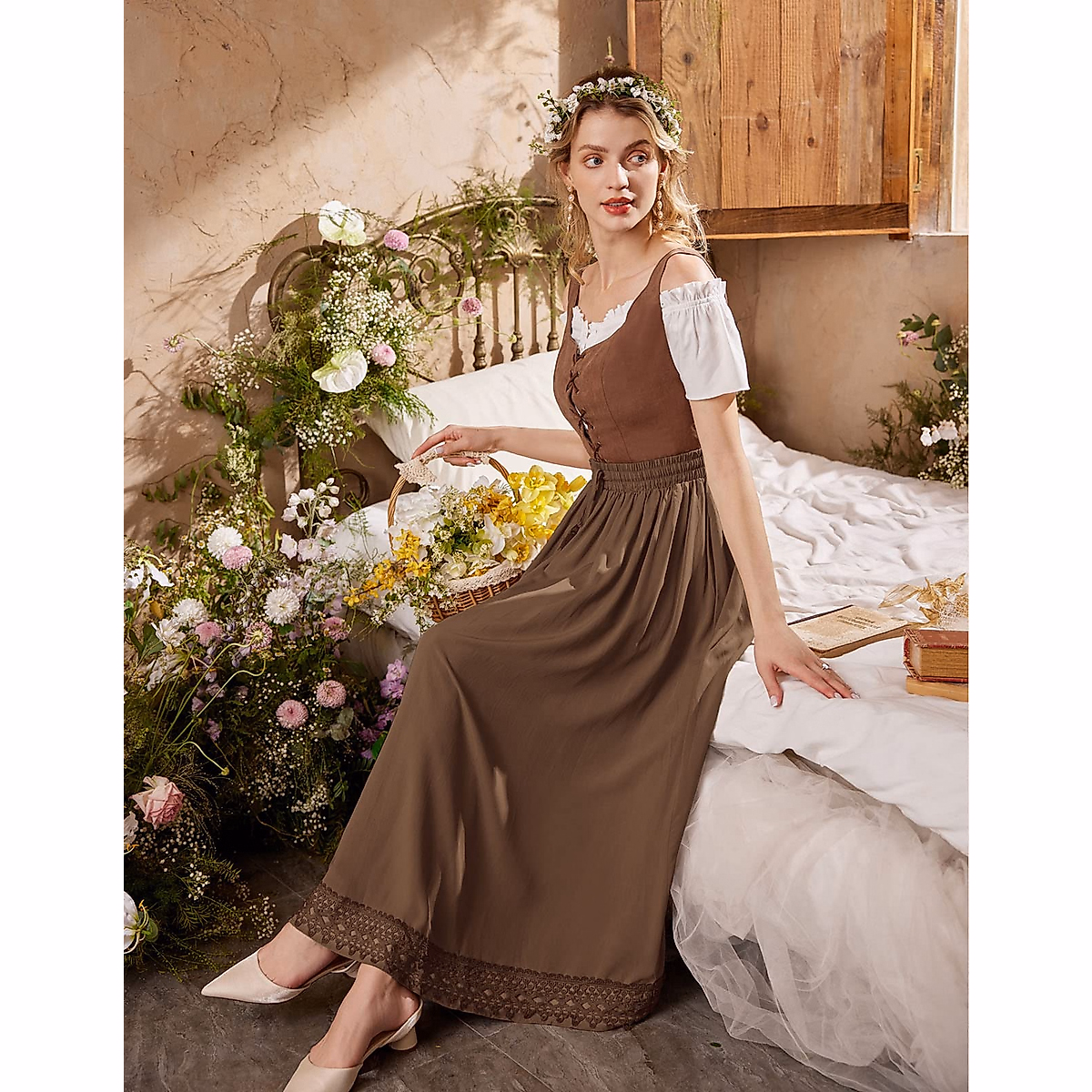 Women’s Elastic Waist Maxi Skirt Vintage Medieval A-Line Long Skirt Brown M